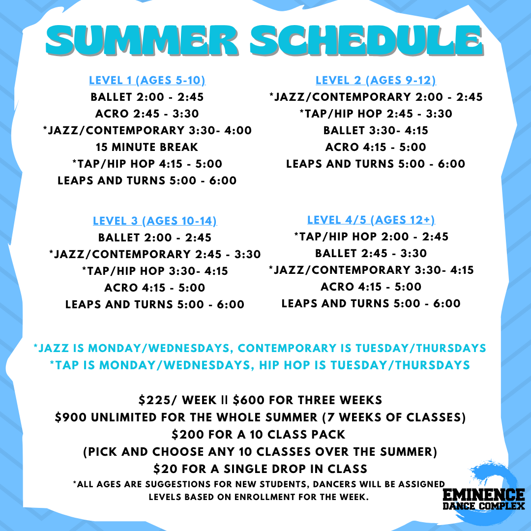 Summer Class Schedule – Eminence Dance Complex